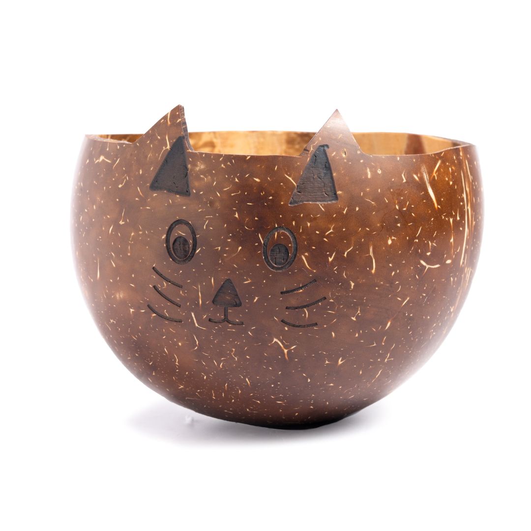 Thenga Coconut Shell Animal Kids Bowl with Spoon - CAT ( Set of 1 )
