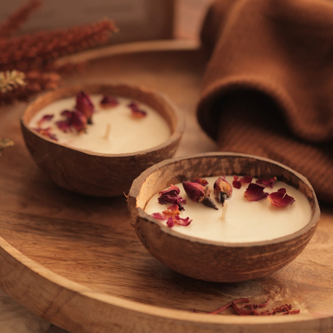 Thenga Coconut Shell Candle/Diya | Eco-Friendly Scented Soy Wax - Rose