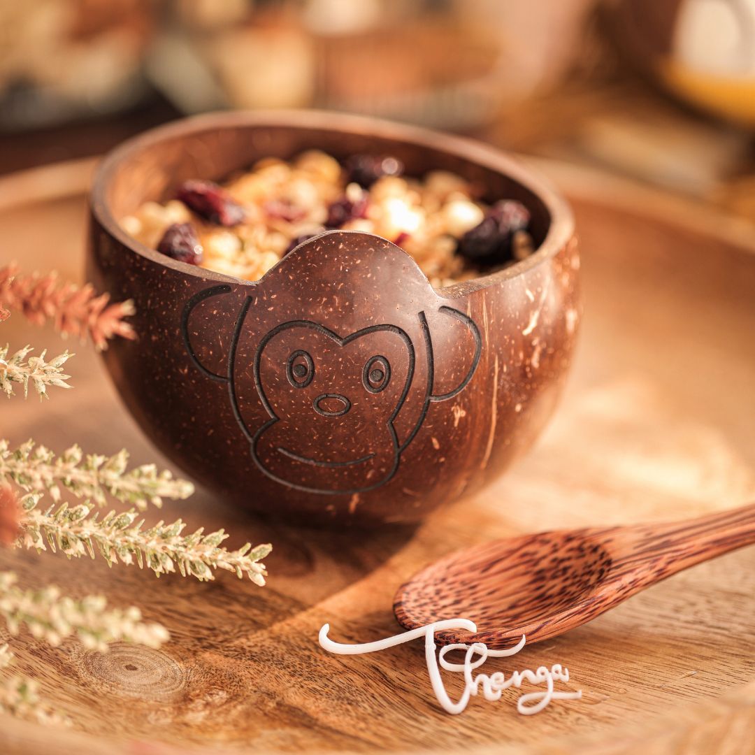Thenga Coconut Shell Kids Snack Bowl - Monkey Design ( Set of 1 )