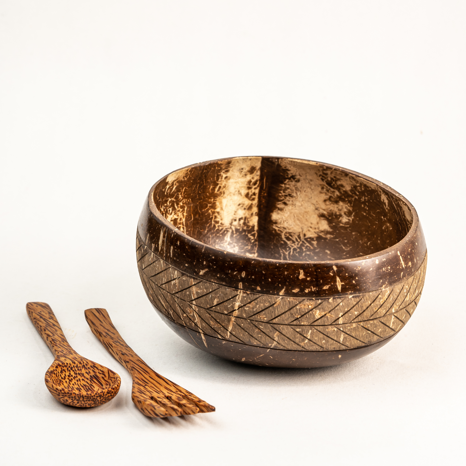 Thenga Geometric Coconut Bowl - 1 Bowl with Spoon and Fork 900 ML (Pack ...